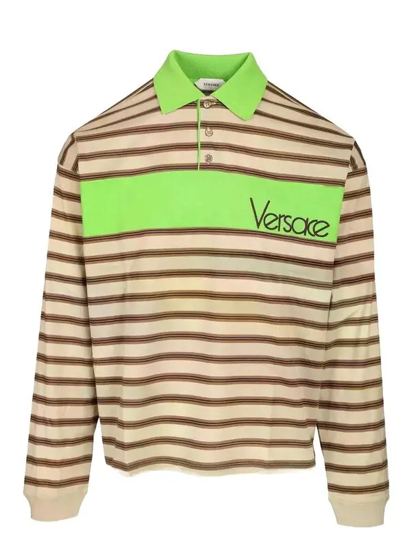 Versace Logo-embroidered Striped Polo Shirt - Brown
