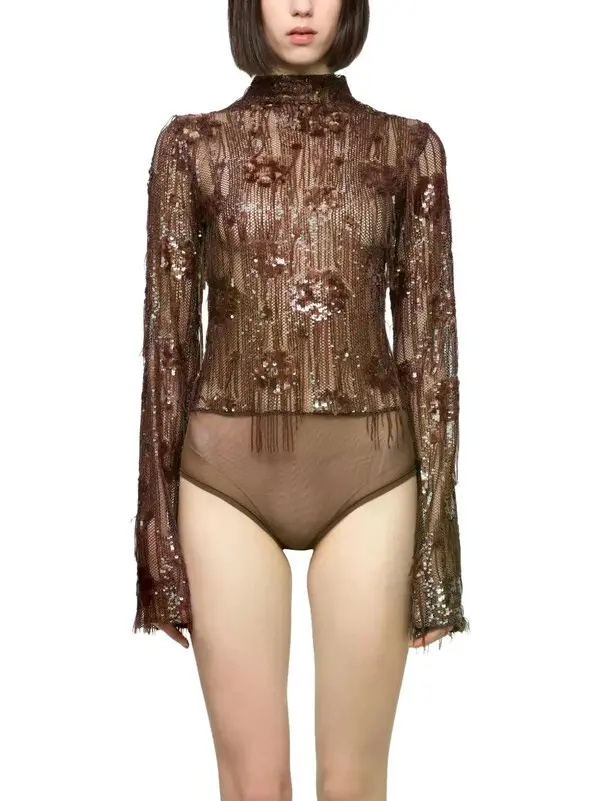 ATU BODY COUTURE Sequin Embellished Fringed Bodysuit - Brown