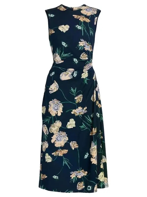 Erdem Navy Floral Print Ruched Midi Dress - Blue