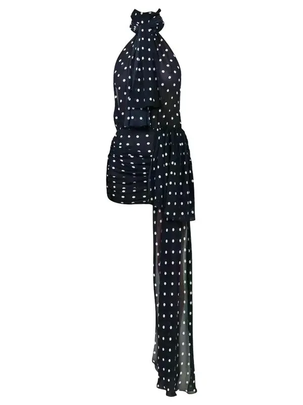 ROWEN ROSE Polka-dot Ruched Halterneck Dress - Blue