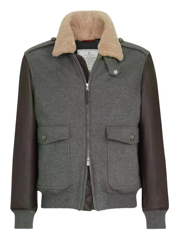 Brunello Cucinelli Bonded Cashmere Beaver Cloth And Nappa Leather Bomber Jacket With Thermore® Padding And Detachable Shearling Collar - Grey