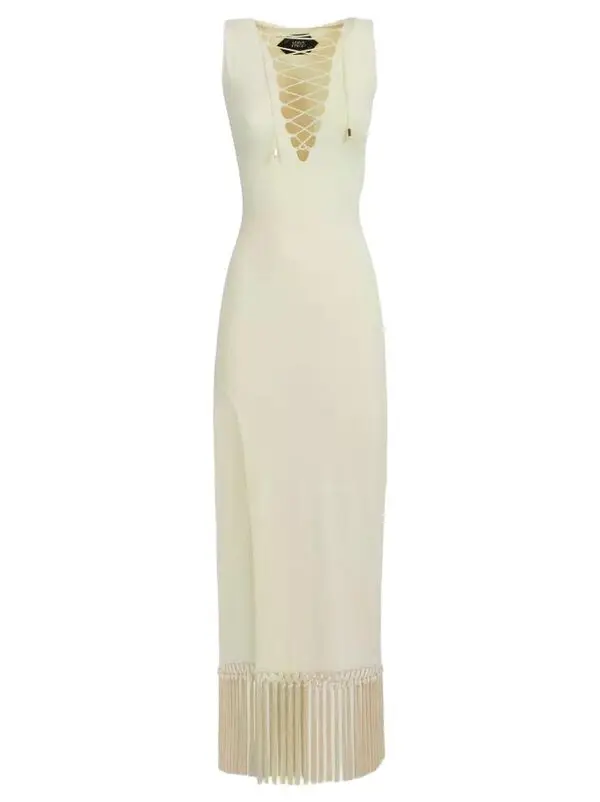 TALLER MARMO Sahara Lace-up Fringe Midi Dress - Neutrals