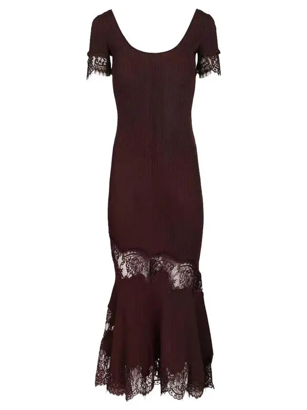 SELF-PORTRAIT Lace-trim Midi Dress With Short Sleeves - Brown