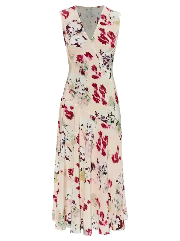 Ulla Johnson Pink Silk Floral Print V-neck Midi Dress - Neutrals