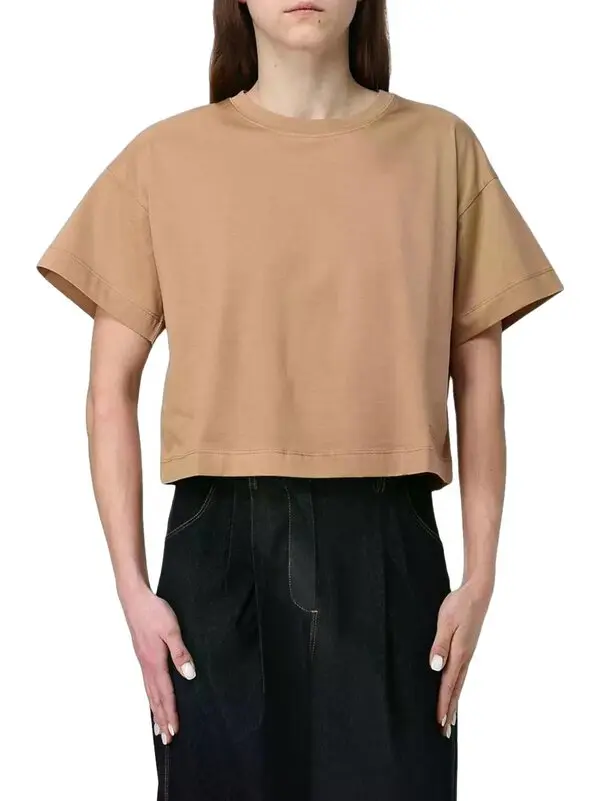 Max Mara Cropped T-shirt With Embroidered Logo - Neutrals