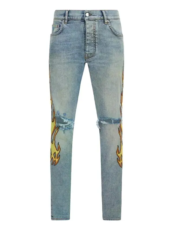 Amiri Skinny Jeans With Flame Embroidery - Blue