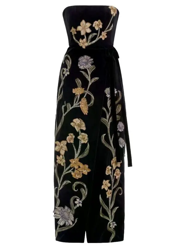 Agua Bendita Floral Embroidered Maxi Dress With Side Bow Detail - Black
