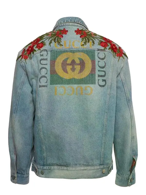 Gucci Logo Print Floral Motif Denim Jacket - Blue