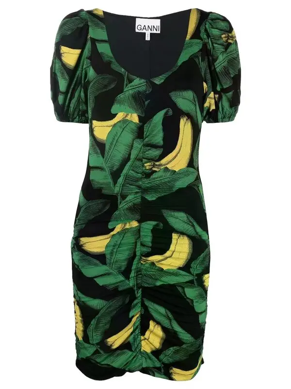 GANNI Banana Print Puff Sleeve Dress - Black