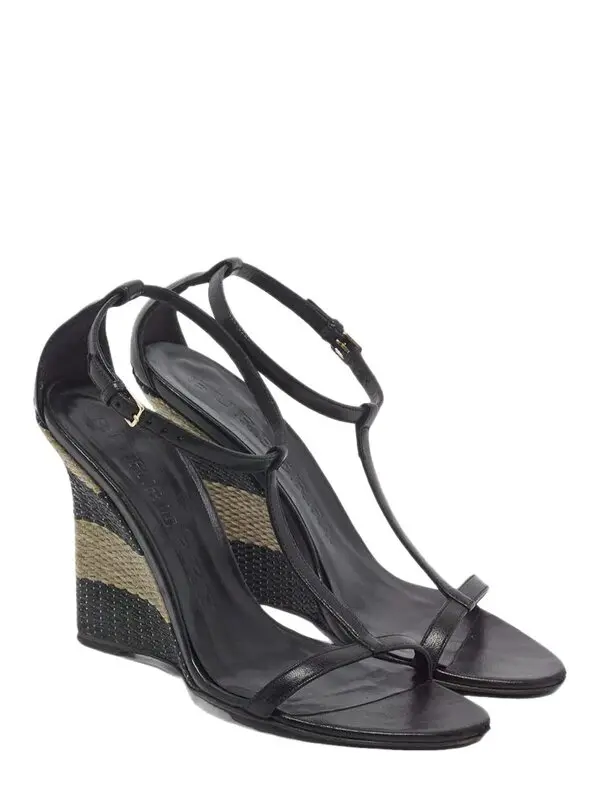 Burberry Patent Leather T-strap Wedge Sandals - Black