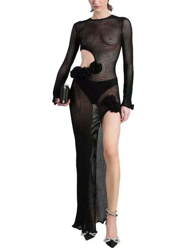 Mach & Mach Crochet-knit Flower-embellished Maxi Dress - Black