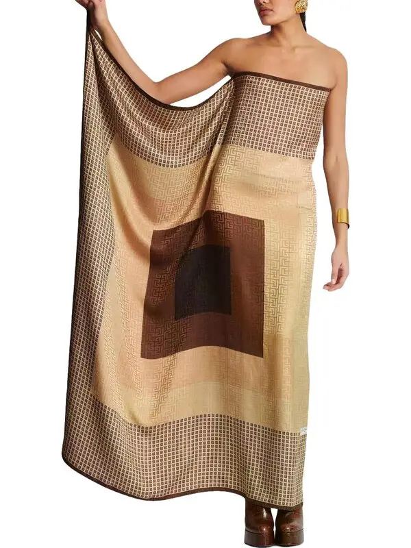 Balmain Monogram-print Strapless Silk Maxi Dress - Brown