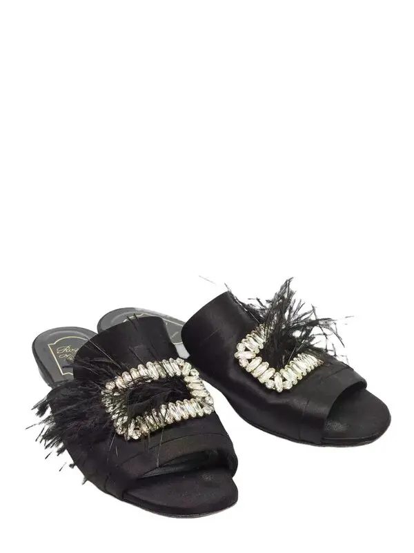 ROGER VIVIER Embellished Feather-trim Slides - Black