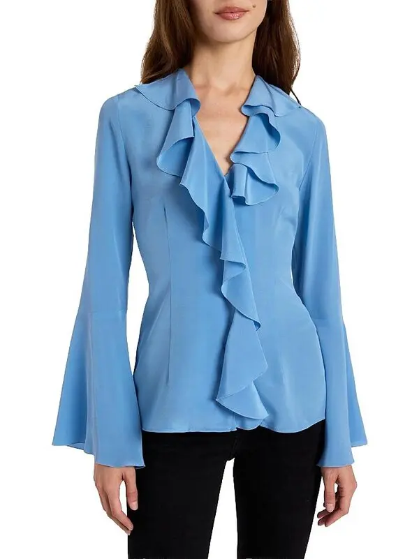 Santorelli Sydney Silk Long Sleeve Ruffle Blouse - Blue Aura