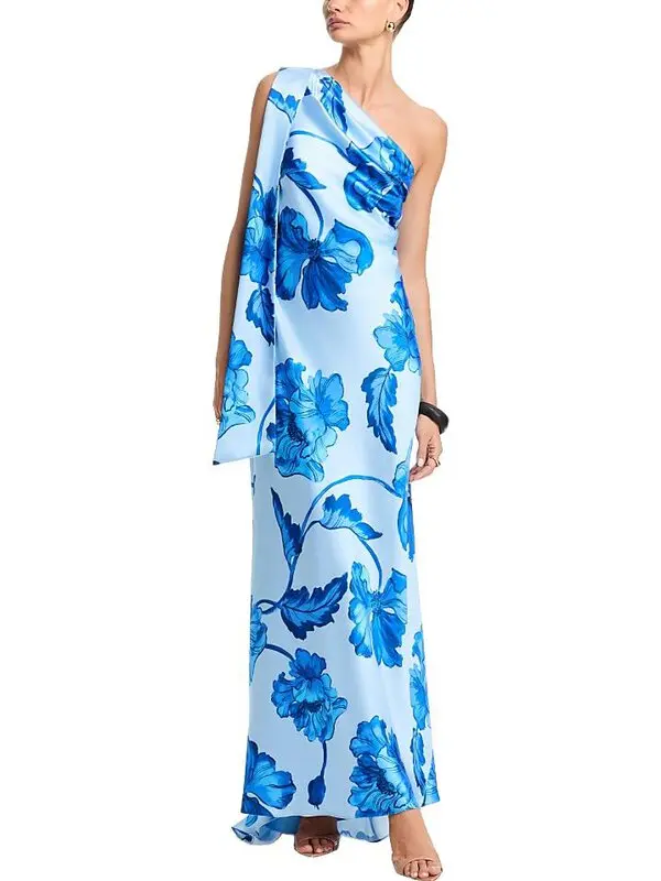 Aqua Long One Shoulder Gown With Floral Print - Blue/aqua