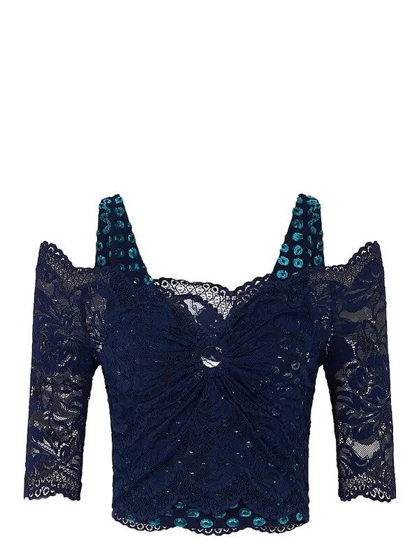 Rabanne Off Shoulder Mixed Media Top - Deep Navy