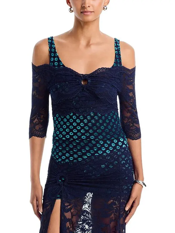 Rabanne Off Shoulder Mixed Media Top - Deep Navy