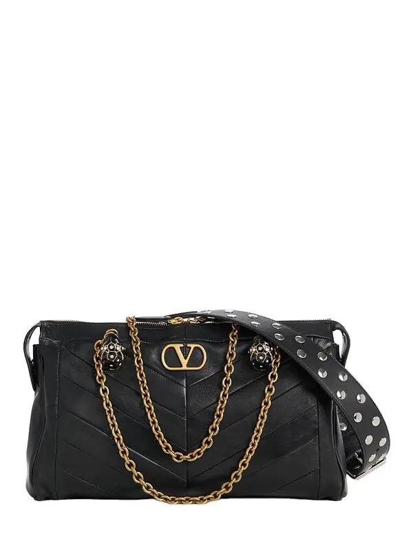 Valentino Garavani Panthea Vlogo Medium Leather Shoulder Bag - Black