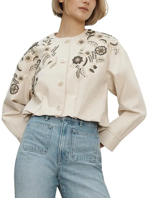 Veronica Beard Emeren Embroidered Herringbone Cotton Jacket - Ecru