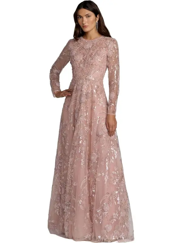 Mac Duggal Embellished Long Sleeve Evening Gown - Rose