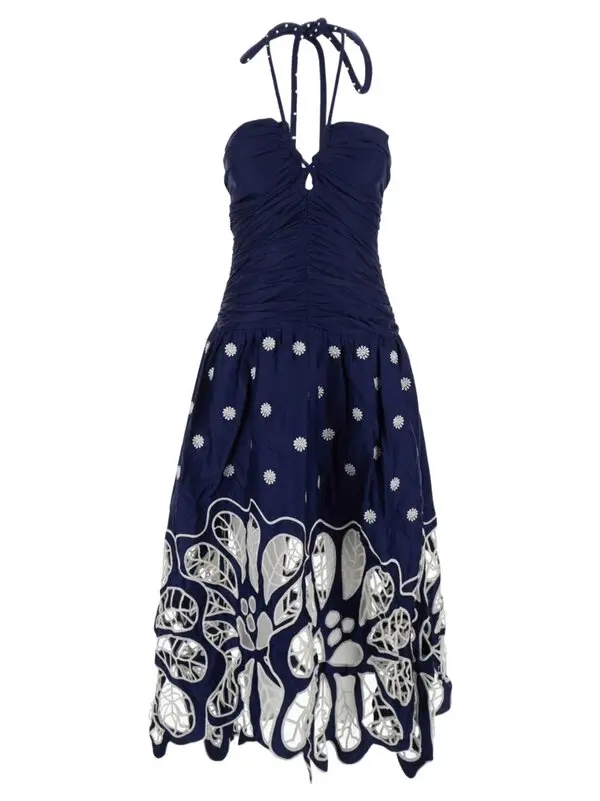 Farm Rio Embroidered Halterneck Dress - Blue