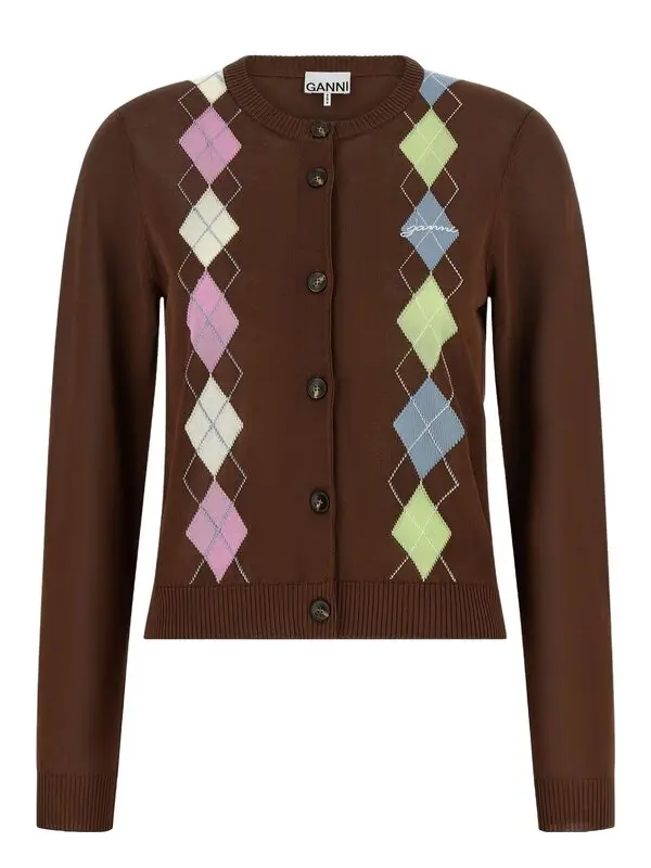 GANNI Argyle Buttoned Cardigan - Brown