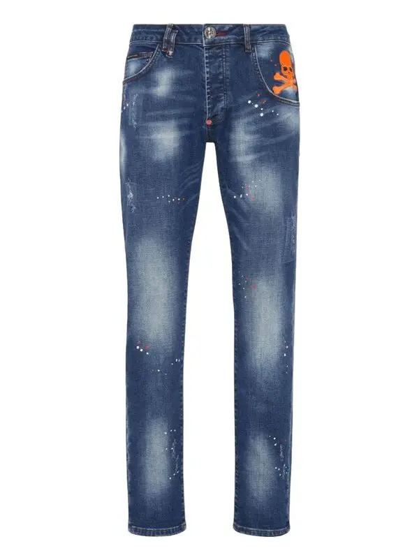 Philipp Plein Paint Effect Straight Denim Trousers - Blue