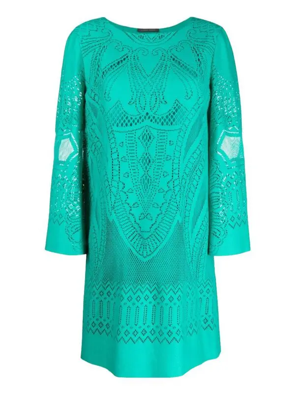 Alberta Ferretti Perforated Long-sleeve Shift Dress - Blue