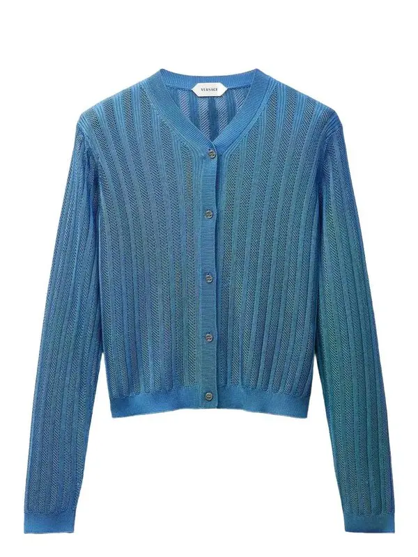 Versace Viscose Mesh Ribbed Knit Cardigan - Blue