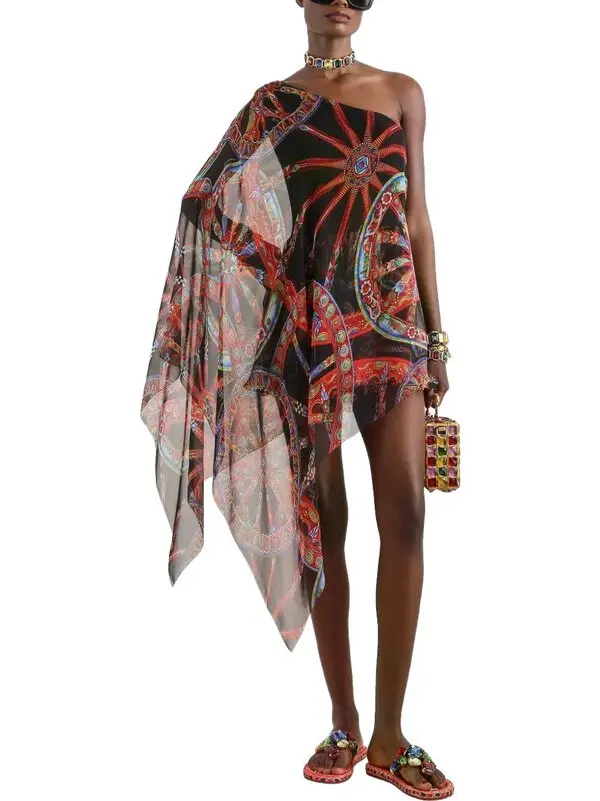 Dolce & Gabbana One-shoulder Carretto Print Chiffon Dress - Black