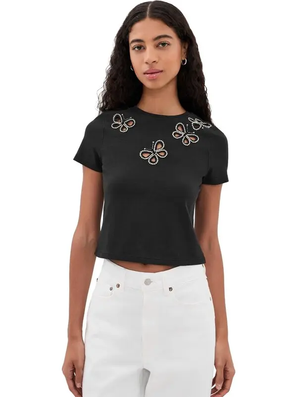 Alice + Olivia Cindy Embellished Cropped Tee With Cutouts - Black/silver Crystal