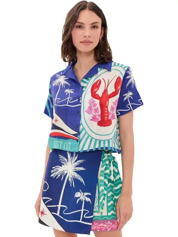 Agua Bendita Cropped Button-down Shirt With Nautical Print - Multicolor
