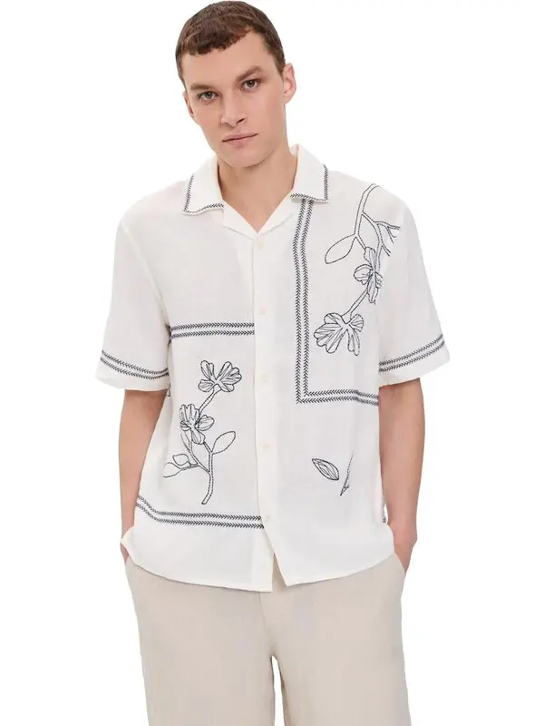 WAX LONDON Didcot Linen Grid Flower Shirt - Ecru/navy