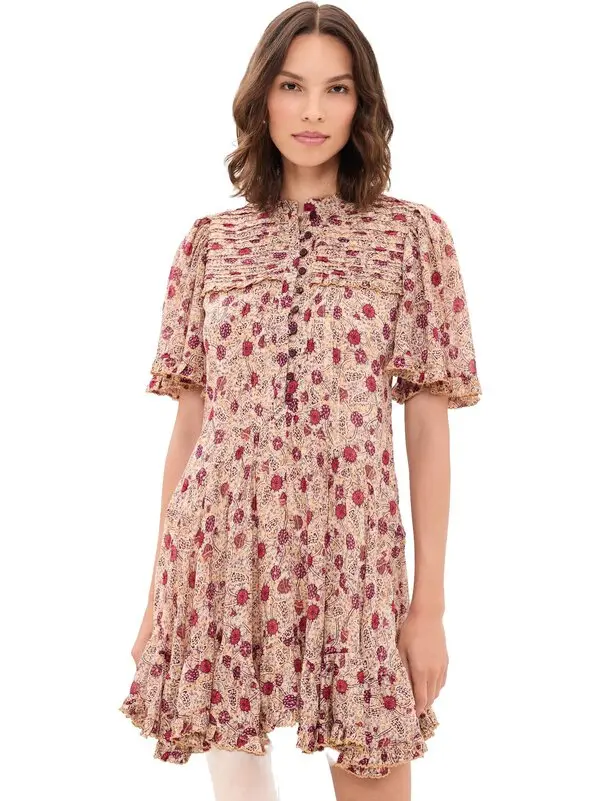 Isabel Marant Étoile Daynia Dress With Abstract Print And Ruffle Trim - Ecru/raspberry