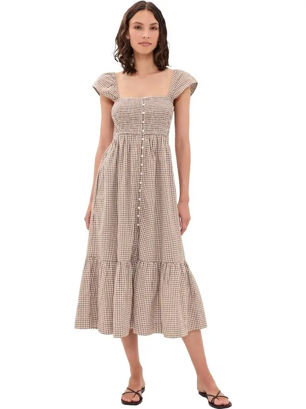 MAREA Celine Gingham Maxi Dress With Smocked Bodice And Cap Sleeves - Mocha Mini Gingham