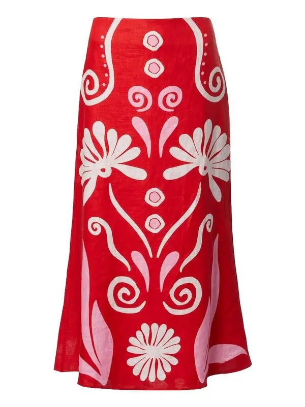 CALA DE LA CRUZ Fabiana Printed Linen Midi Skirt - Red