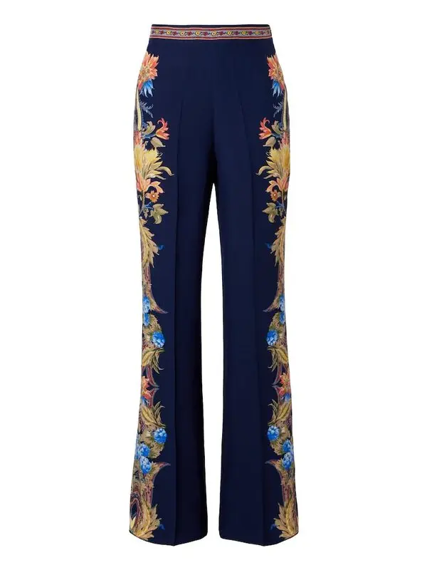 Etro Floral Silk Straight-leg Trousers - Blue