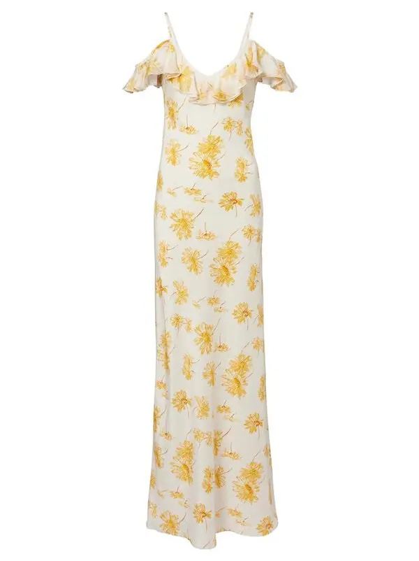 RODARTE Floral Ruffled Silk Moiré Slip Dress - Yellow