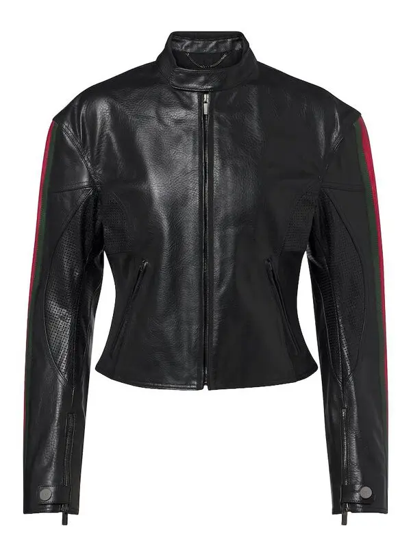 Gucci Web Stripe Leather Biker Jacket - Black