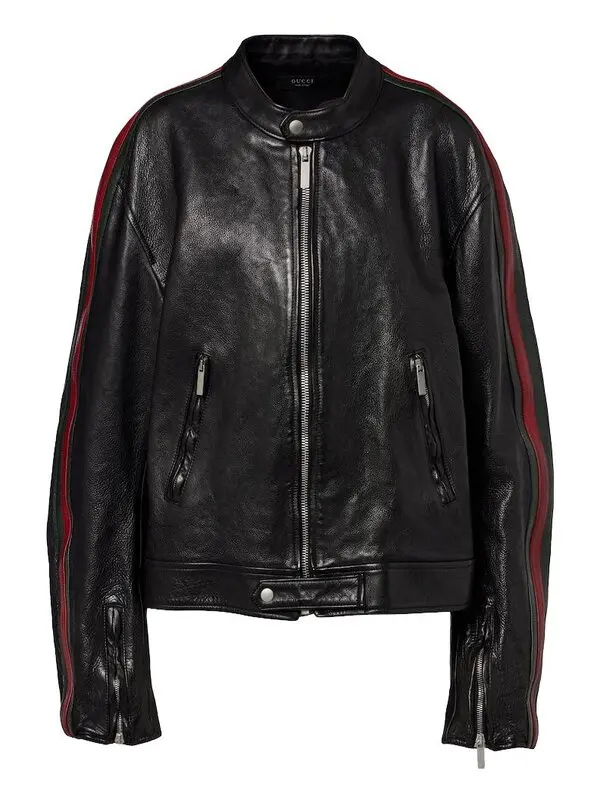 Gucci Web Stripe Leather Biker Jacket - Black