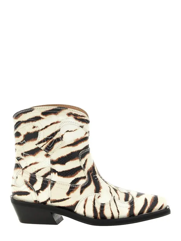 GANNI Western Ankle Boots With Snake And Zebra Print - Cream