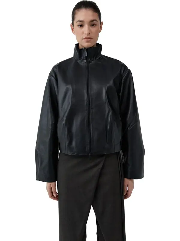 ST. AGNI Cocoon Zip Leather Jacket - Black