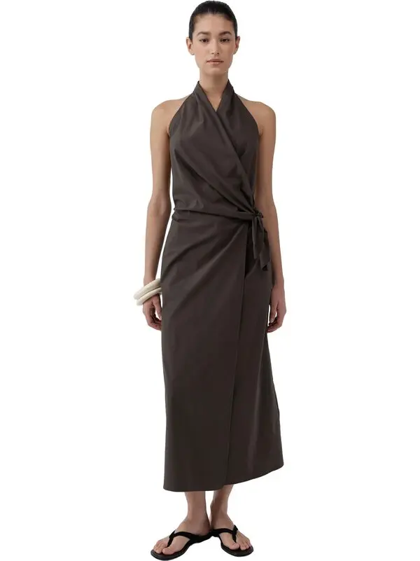 ST. AGNI Halter Wrap Backless Dress - Wood