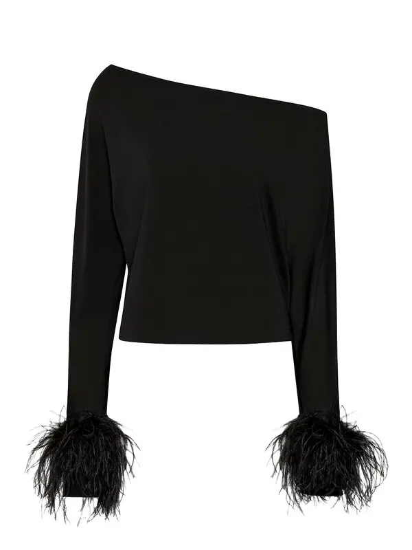 Lapointe Off-the-shoulder Feather Trim Top - Black