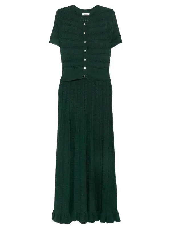 Sandro Pointelle-knit Ruffled Midi Dress - Green
