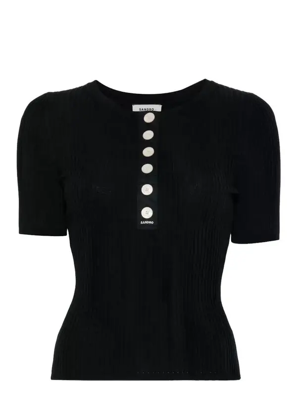 Sandro Ribbed Knit V-neck Button-placket Top - Black