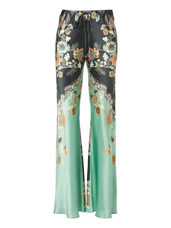 Roberto Cavalli Floral Silk Satin Flared Pants - Green