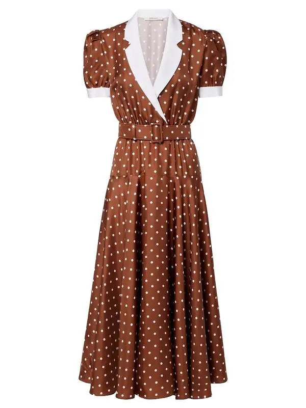 RODARTE Belted Polka-dot Silk Twill Midi Dress - Brown