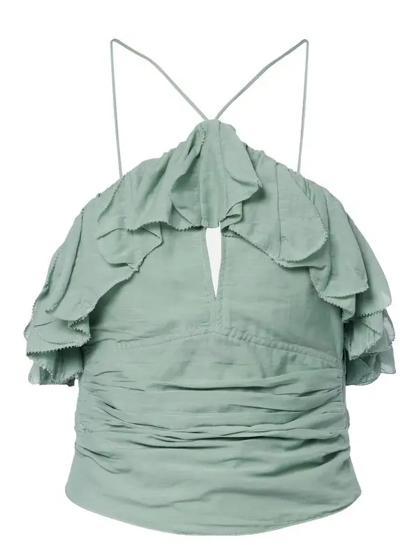 MARANT ETOILE Halterneck Cotton-blend Voile Top With Ruffles - Green