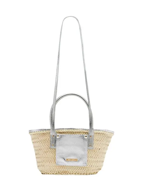 Jacquemus Small Raffia Basket Bag With Croc Effect Trim - Silver